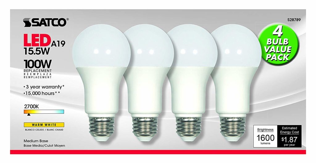 Satco LED 15.5 Watts A19 Frosted Light Bulb 4 Pack E26 Base Warm White 2700 - Parker Lighting